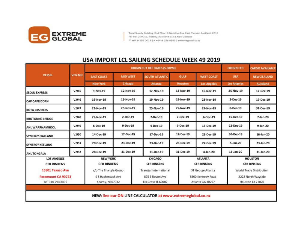 US Sailing Schedule - ExtremeGlobal